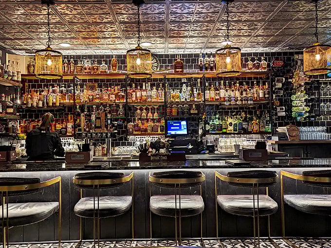 The bar showcases an impressive array of spirits, lined up like soldiers ready to report for happy hour duty.