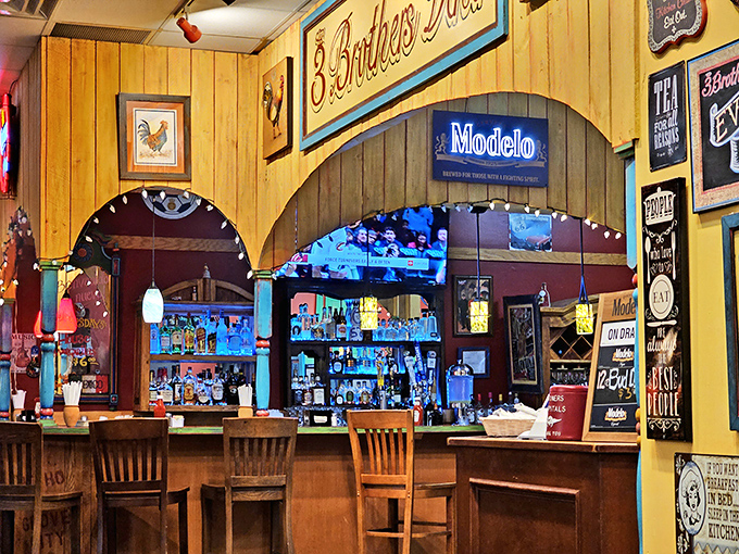 The bar area, with its twinkling lights and wooden archways, feels like the neighborhood gathering spot every small town deserves.