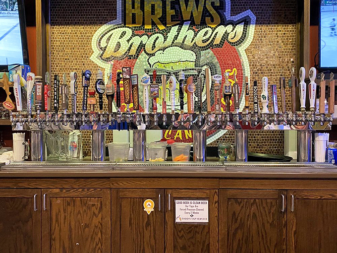 The mosaic tile Brews Brothers logo behind the taps isn't just decoration—it's a shrine to the religion of good beer and better company.