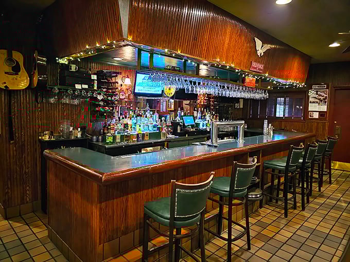 String lights add a touch of magic to this classic wood-paneled bar. This is where Old Forge residents have been celebrating life's moments, big and small, for generations.
