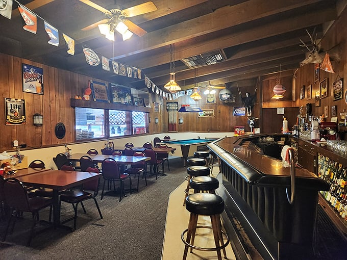 The bar area feels like it's been serving cold beers to dusty hikers since before Instagram influencers discovered Mono Lake's tufa towers.
