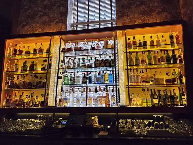 The bar's amber glow showcases an impressive spirits collection. Like a library of liquid happiness waiting to be explored.