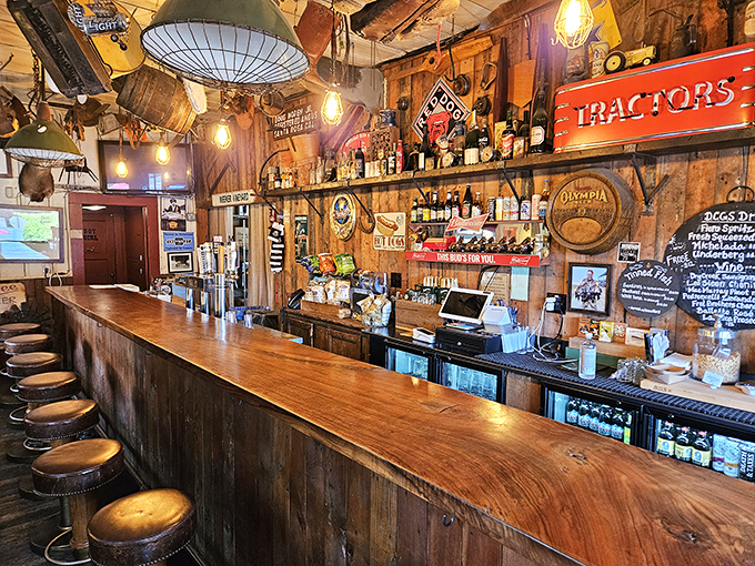 The bar's rustic wooden counter and vintage décor could be a movie set, but the cold drinks are very real and very necessary after wine country exploring.