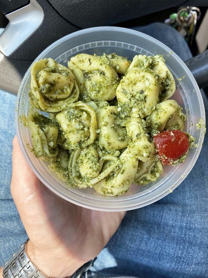 Who knew pesto tortellini could look this vibrant? Sometimes the best surprises come from unexpected bakery lunch menus.
