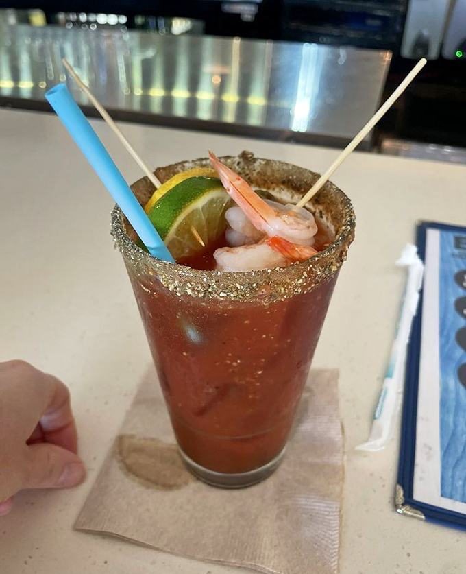Their Bloody Mary comes with its own shrimp garnish—because at Crabby Bill's, even the cocktails understand that seafood is the star.