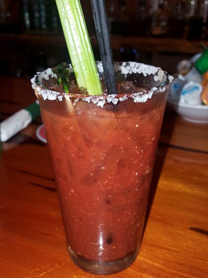 Not just a Bloody Mary, but a meal in a glass – spicy, savory, and garnished with enough vegetation to count as a salad course.