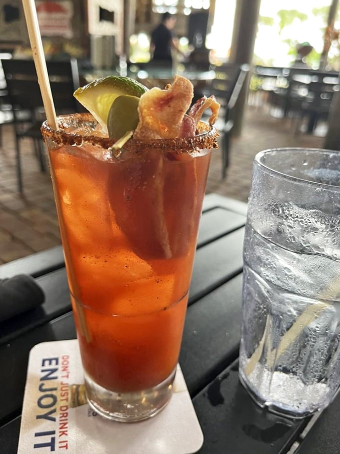 The Bloody Mary that eats like a meal. Garnished with bacon and lime, it's the liquid brunch you didn't know you needed.