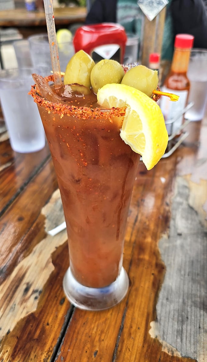 This Bloody Mary comes armed with enough garnishes to qualify as both drink and appetizer simultaneously.