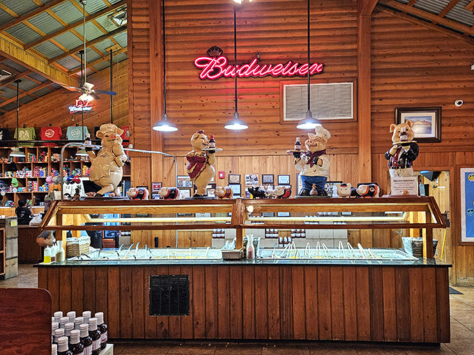 Those teddy bears aren't just decoration—they're the welcoming committee for a buffet area that feels like a barbecue wonderland.