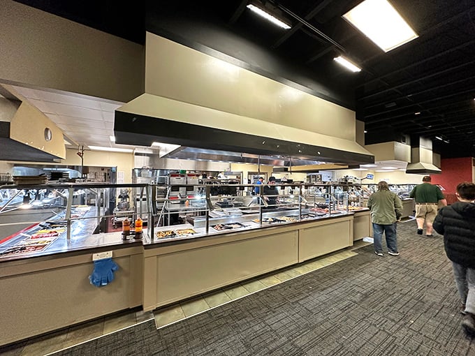 The buffet runway—where hot, fresh offerings strut their stuff behind glass catwalks, tempting you to fill "just one more plate."