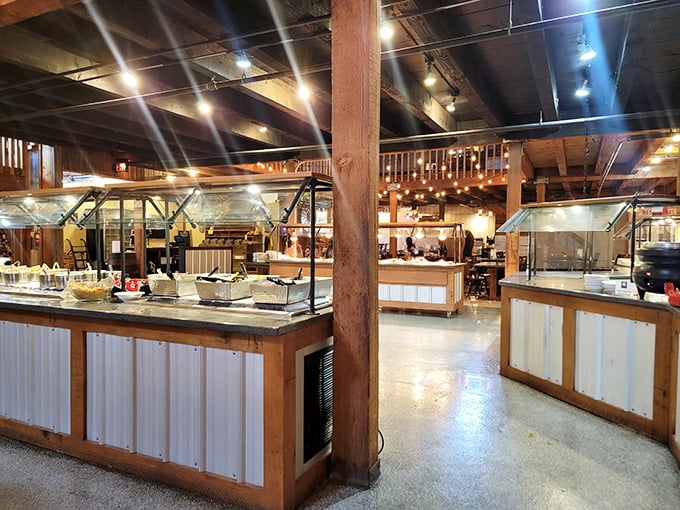 A buffet station built with the same attention to detail as the barn itself—rustic wood panels framing an array of homestyle offerings.