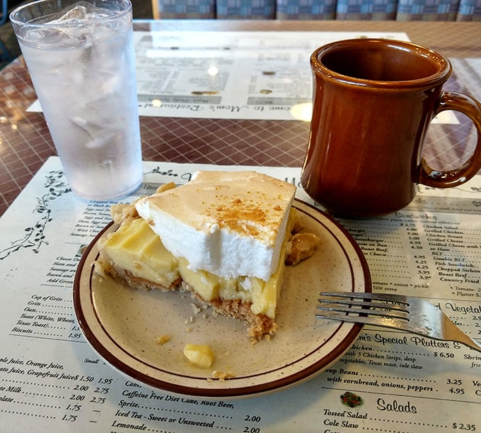 Butterscotch pie that looks like it escaped from someone's cherished family recipe box – pure nostalgic perfection awaits.