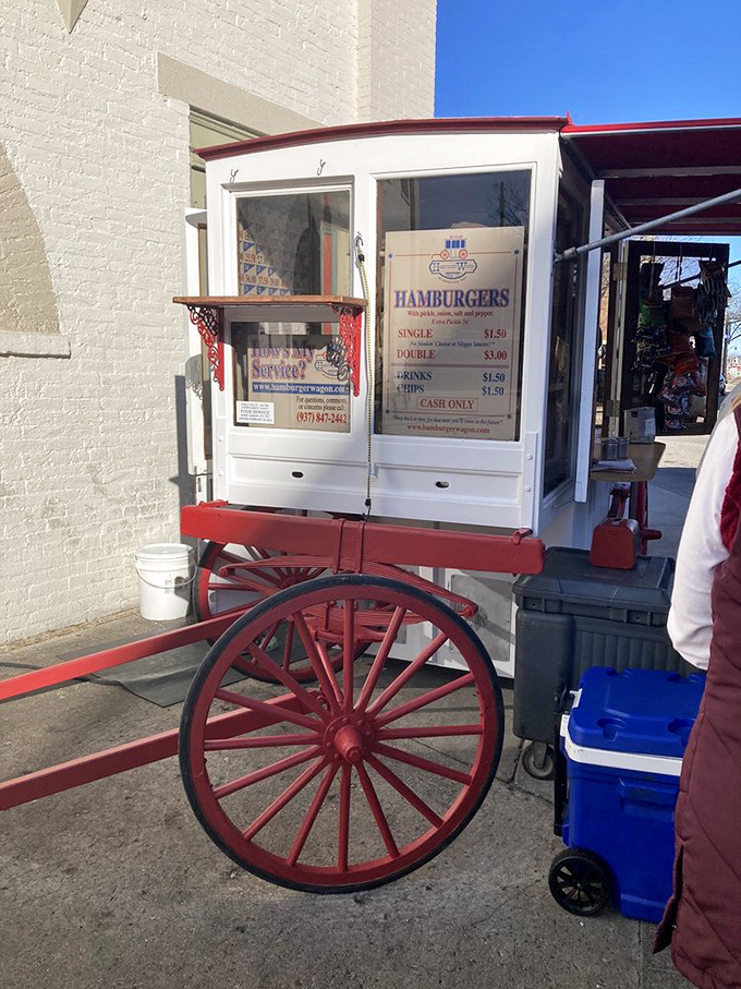 The wagon's distinctive red wheels and white frame aren't just charming—they're a time portal to when food was gloriously uncomplicated.