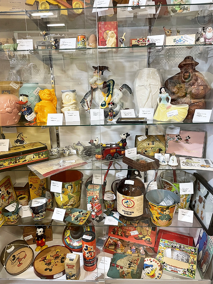Disney collectibles behind glass—where childhood memories meet adult collecting budgets. That Mickey tin might be worth more than your first car.