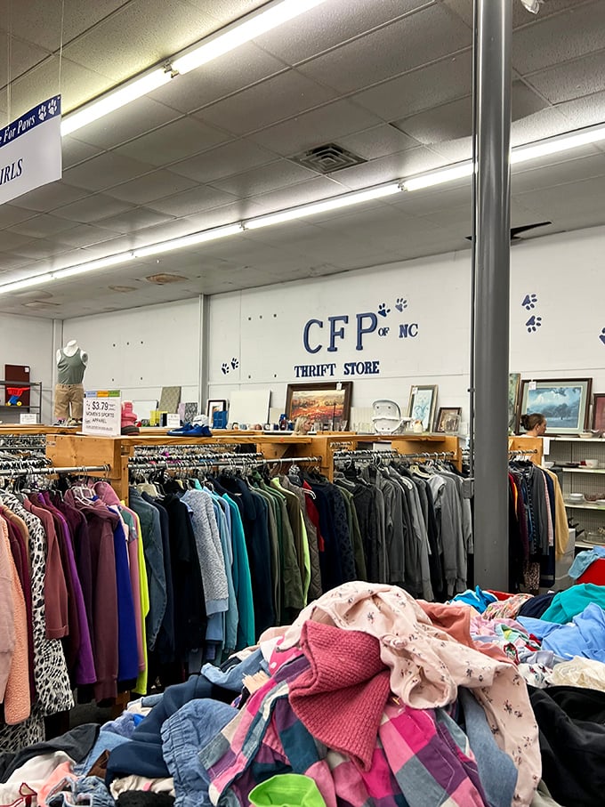 The clothing section stretches as far as the eye can see. Fashion treasures await the patient hunter who's willing to browse the racks.