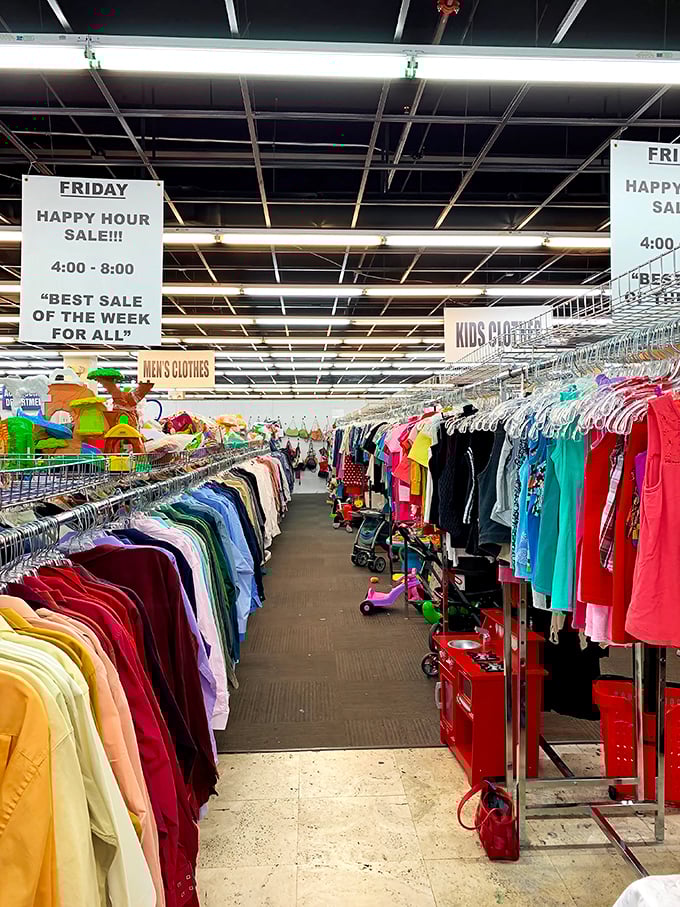 The clothing section's rainbow organization system makes finding that perfect Florida-appropriate outfit a breeze rather than a treasure hunt.