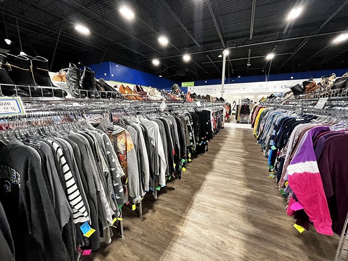 Clothing racks that stretch to the horizon, organized by size and type—a fashionista's playground where budget meets style.