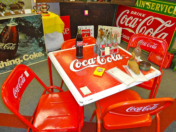 A perfect Coca-Cola table set that screams "pause and refresh" in classic red and white.