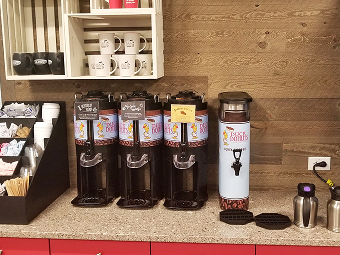 The coffee command center stands ready to caffeinate your donut adventure with military precision.