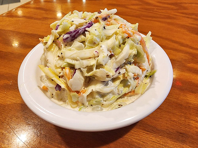 Coleslaw piled high like a cabbage mountain, ready to cut through all that fried goodness.