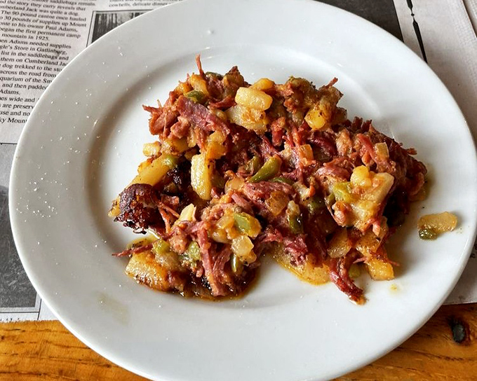 Corned beef hash that doesn't hide behind pretense – just honest, hearty breakfast fare that your grandfather would approve of with a knowing nod.