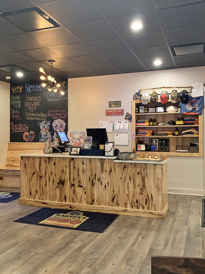 That live-edge wooden counter isn't just beautiful—it's a stage where BBQ dreams come true, with a chalkboard of specials playing supporting role.