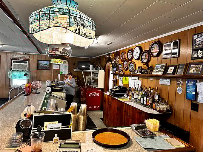 The bar area—where cold beers are poured and stories flow as freely as the tides that bring in the day's catch.