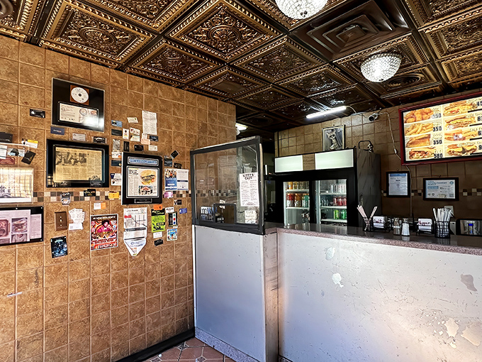 Behind this counter, sandwich magic happens daily. The ornate ceiling tiles add unexpected elegance to this humble establishment.