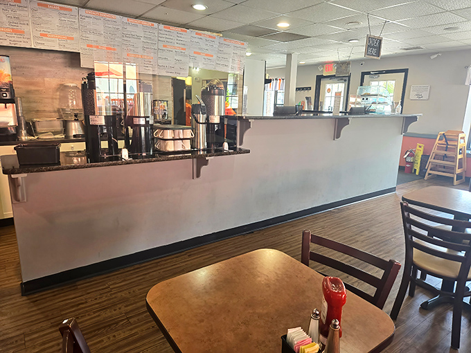 The coffee station stands ready for duty—because at Ida's, an empty cup is considered a state of emergency that must be immediately addressed.