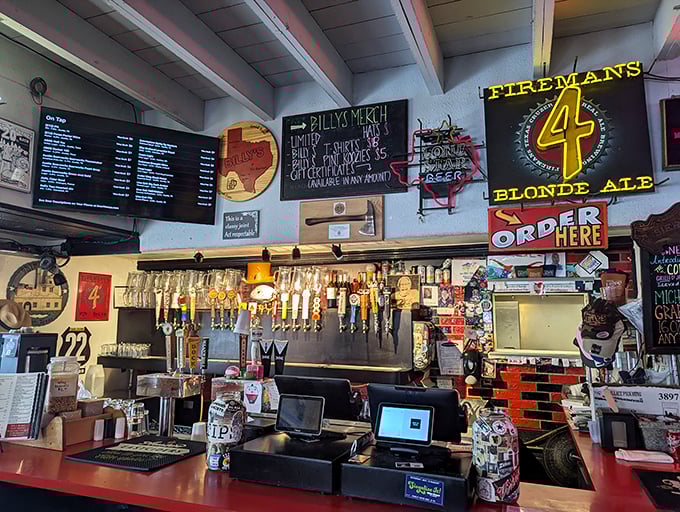 The bar's command center – where beer taps stand at attention and local brews like Fireman's 4 await their call to refreshment duty.
