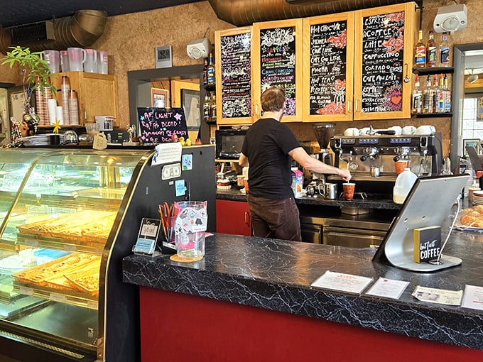 Where the magic happens – gleaming espresso machines and pastry cases that make willpower go on immediate vacation.