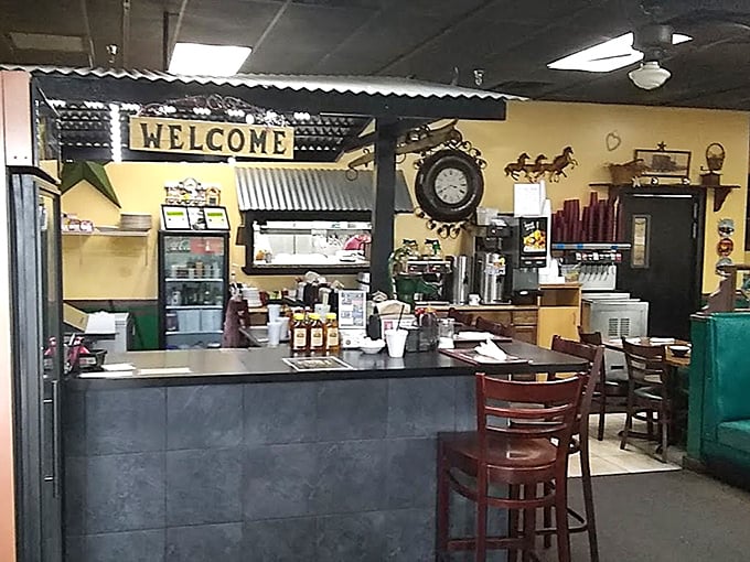 The counter area welcomes solo diners with a friendly "WELCOME" sign and the promise of conversation if you want it.