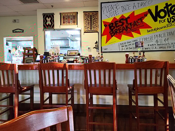 Counter seats—the front-row tickets to breakfast theater, where you can watch short-order magic happen while contemplating a second cup of coffee.