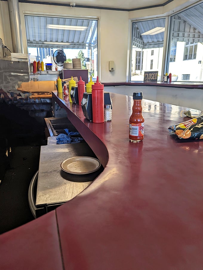 The gleaming red countertop has witnessed more food epiphanies than a thousand fancy restaurants. Those condiment bottles stand ready for action.