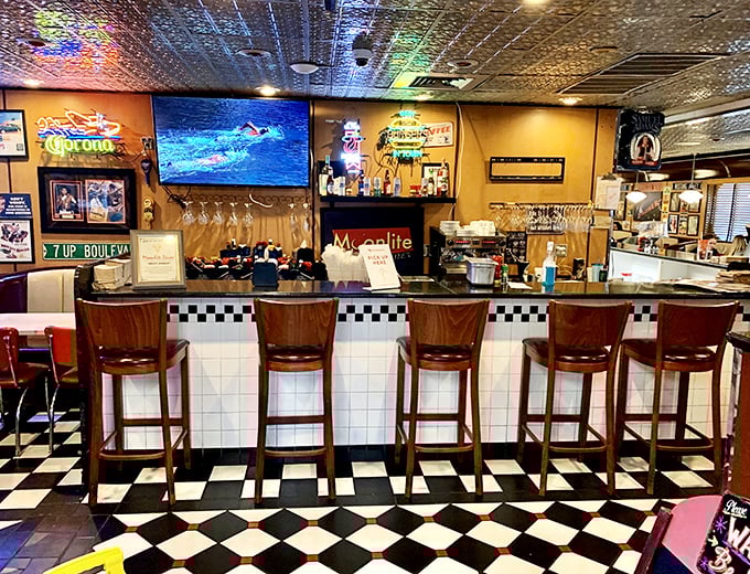 Bar seating that invites solo diners to become part of the Moonlite family—where counter culture means watching short-order magic happen.