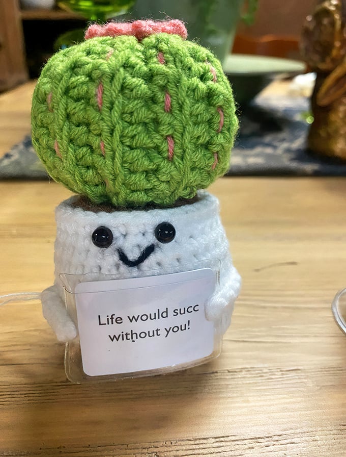 "Life would succ without you!"—Proof that even in an antique mall, modern pun culture finds its adorably crocheted way.