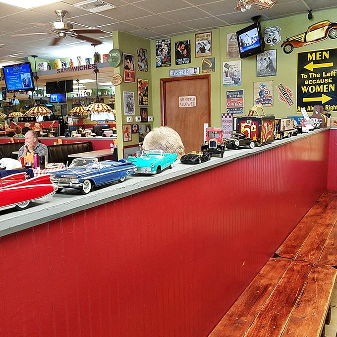 Classic Americana decorates every inch of wall space. Those vintage car models aren't just decorations—they're time machines to simpler days.