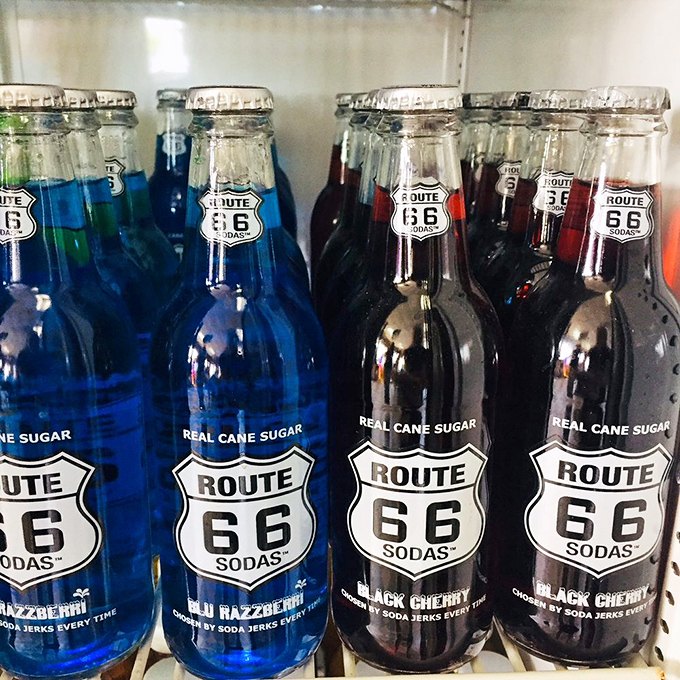 Route 66 sodas in glass bottles – because sometimes nostalgia tastes even better than high fructose corn syrup.