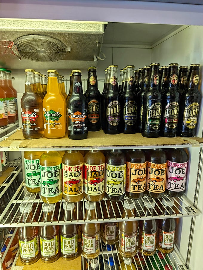 The beverage cooler – stocked with local favorites like Hank's and Joe Tea. Because every great sandwich deserves an equally thoughtful liquid companion.
