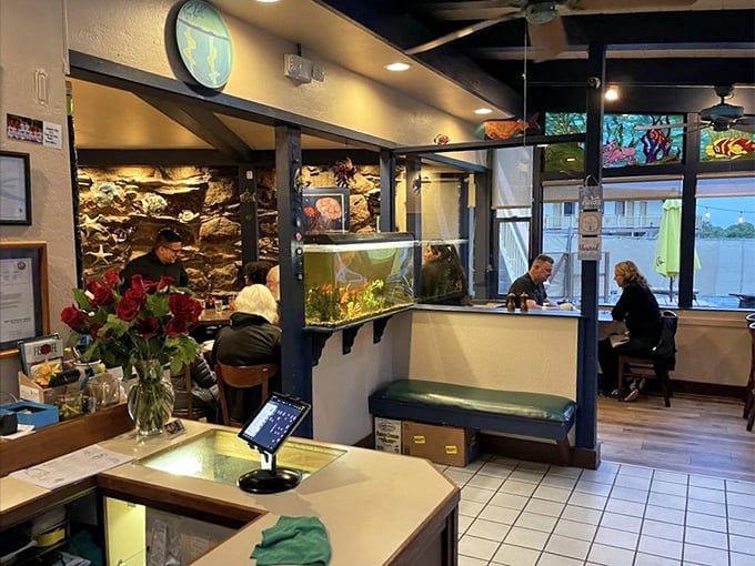 The interior reveals more personality than the modest exterior suggests. That fish tank isn't just decor—it's dinner's former neighbors.