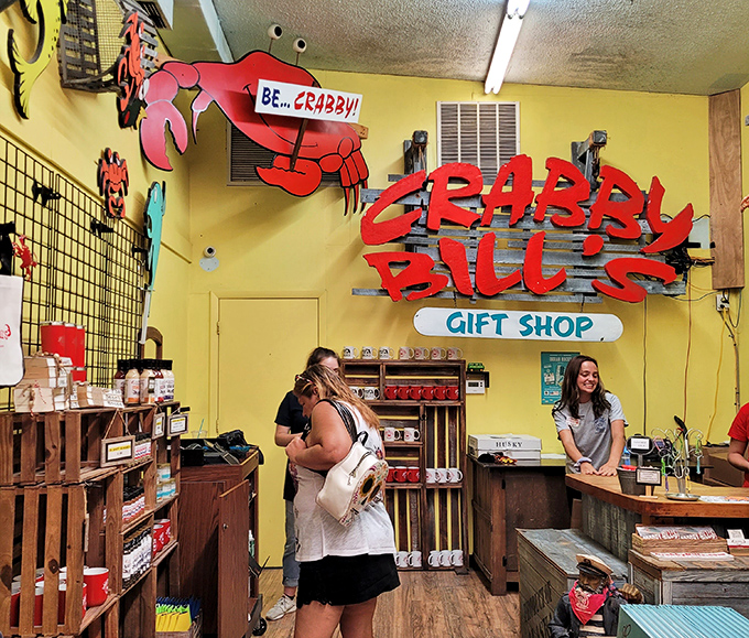 The gift shop's vibrant yellow walls and crab-themed merchandise ensure you'll take home more than just memories – and possibly a "BE...CRABBY!" sign you didn't know you needed.