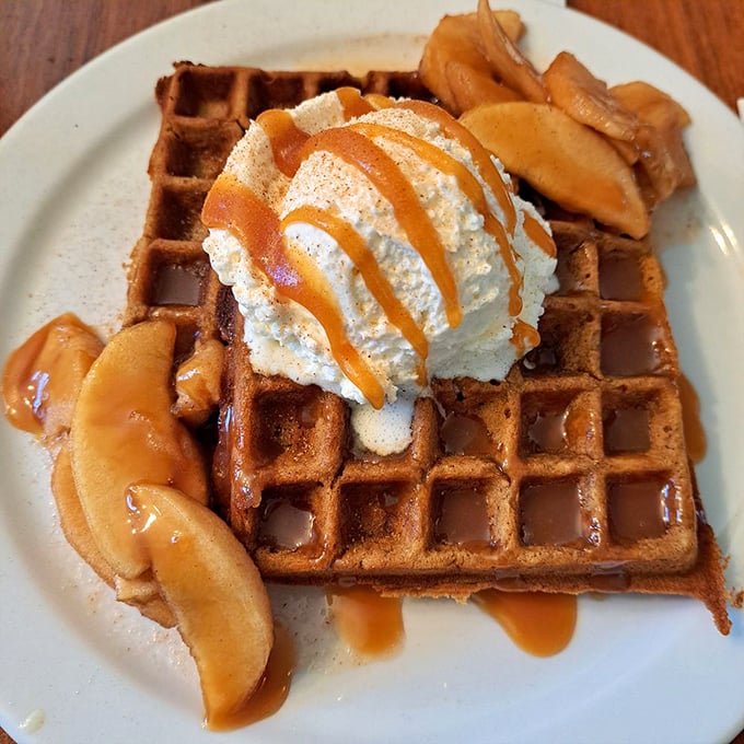These waffles with caramelized apples aren't just breakfast; they're what your childhood dreams would taste like if they grew up and got sophisticated.