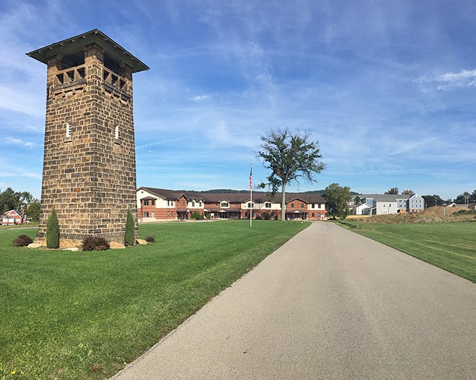 This stone tower stands like a medieval sentinel guarding modern development—Zelienople's perfect metaphor for balancing history with progress.
