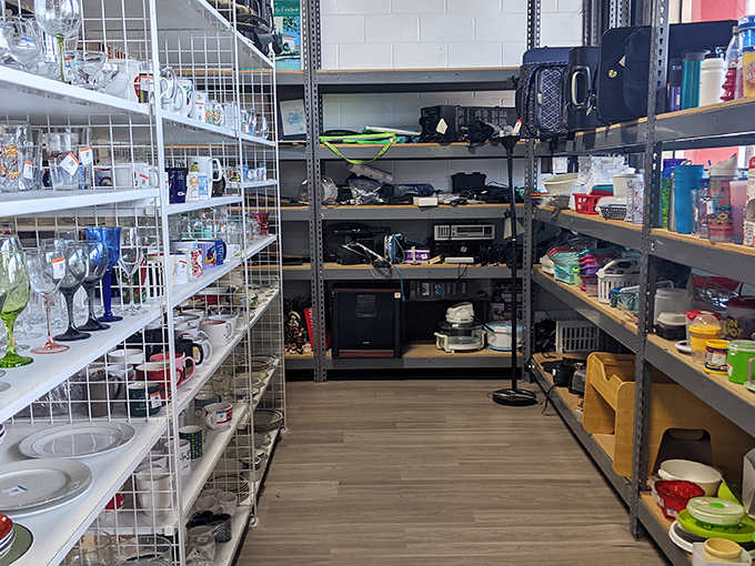 The kitchenware aisle – where vintage glassware and practical gadgets await adoption into new homes and dinner party conversations.