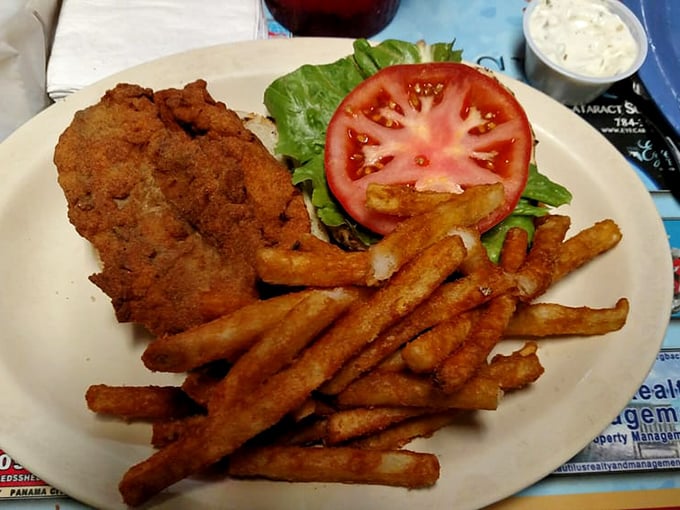 A grouper sandwich that demands respect—and possibly an extra napkin—flanked by fries that aren't just sides, they're supporting actors deserving awards.