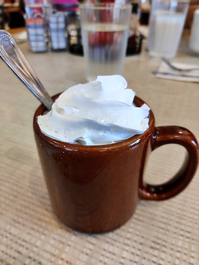 Hot chocolate that doesn't just arrive at your table—it makes an entrance, topped with a whipped cream hat that deserves its own Instagram.
