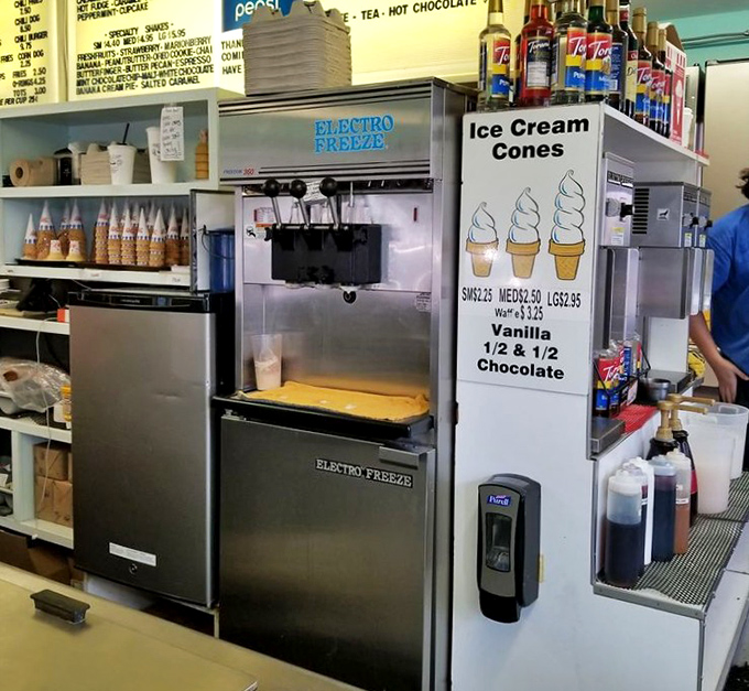 The soft-serve machine stands ready for duty, promising swirls of vanilla, chocolate, or the perfect compromise of both.