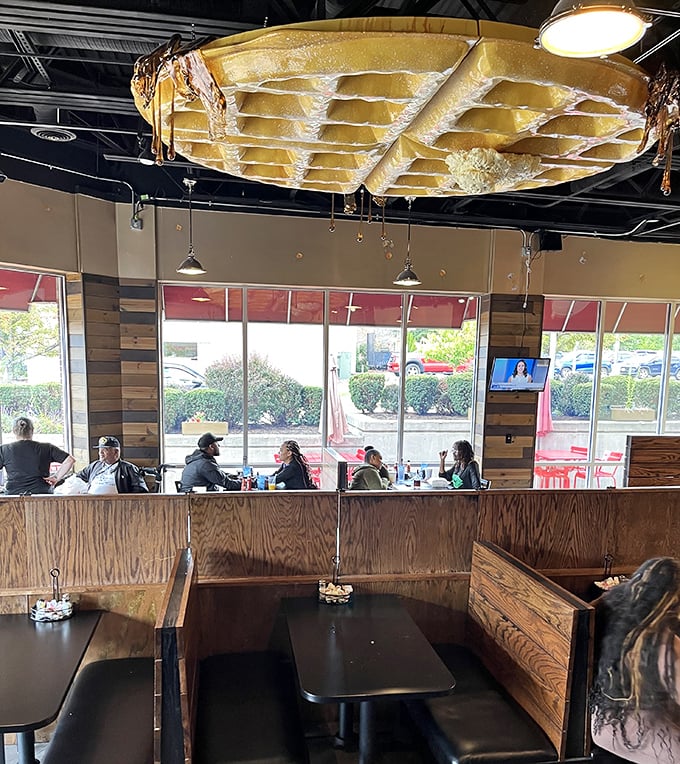 That waffle ceiling installation deserves its own Ohio arts grant – practical decor that reminds you exactly why you came.