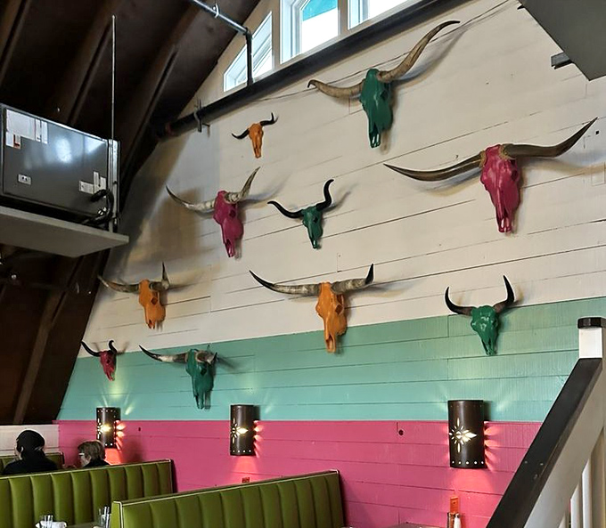 Colorful cattle skulls adorn the walls—a playful nod to southwestern décor that somehow feels perfectly at home in coastal Delaware.