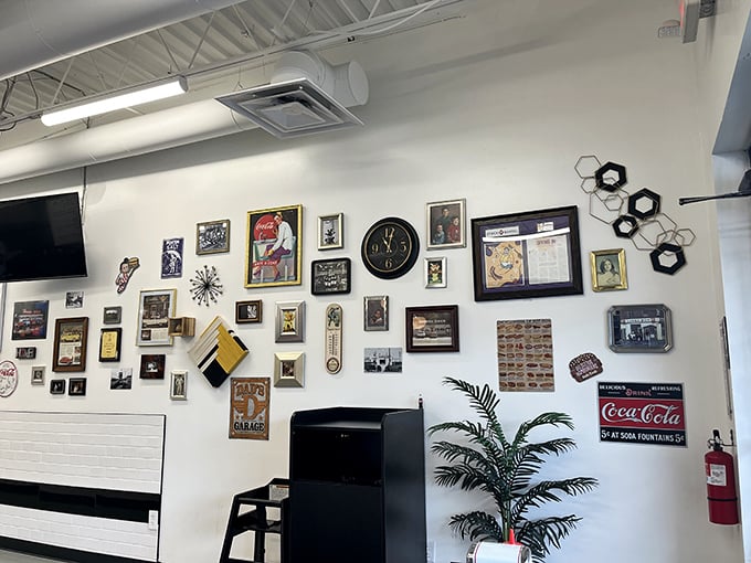 A gallery wall that tells stories while you eat—like dining in someone's particularly food-obsessed living room.
